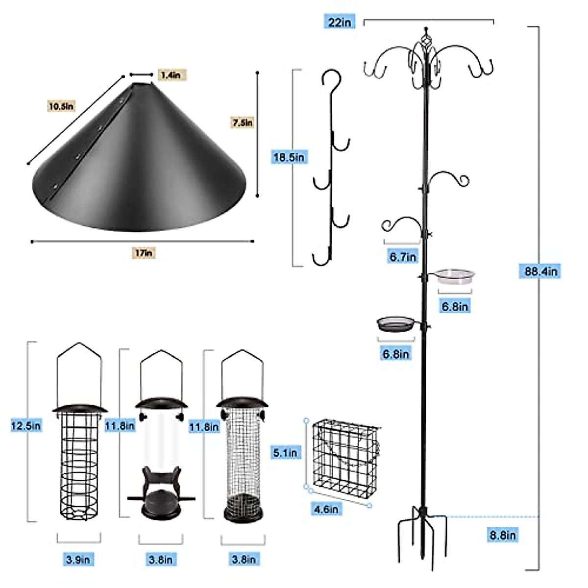 Bird Feeding Station Kit Bird Feeder Pole Wild Bird Feeder Hanging Kit with Suet Cage Bird Bath Mesh Tray Fruit Hook Double W Hook for Attracting Wild Birds and Planter Hanger Lights