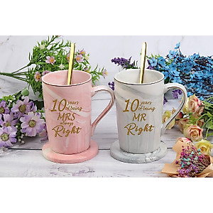 Toshiy 10th Wedding Anniversary Mugs 10 years Anniversary Mugs 10th Wedding Anniversary Mugs for Wife Him Couple Husband Parents 10 Years Mr Right Mrs Always Right Coffee Mugs 14 Ounce Gift Box Set