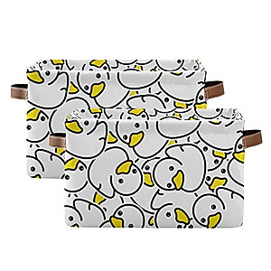 KLL Storage Bins Large Foldable Rubber White Ducky Storage Basket with Leather Handles for Home Office Closet or Shelves