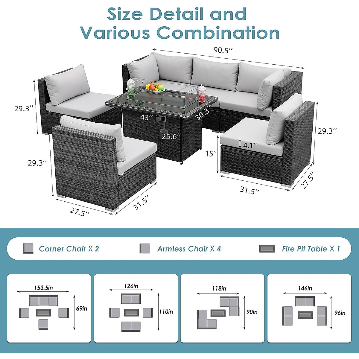 RADIATA PE Wicker Patio Furniture Set Sectional High Back Large Size Sofa Sets with Propane Fire Pit Table 55000 BTU Balcony Rattan Lounge Conversation Sets for Outdoor (7 Pieces,Light Gray)