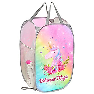 Basumee Kids Laundry Hamper Collapsible Laundry Baskets Pop Up Hamper Mesh Dirty Clothes Laundry Basket Foldable Hampers with Side Pocket for Nursery Room, Rainbow Unicorn