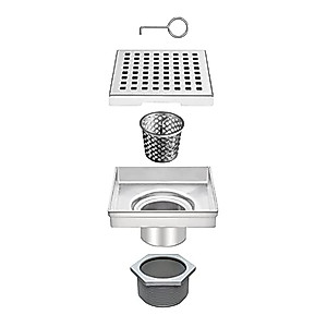 6 inch Square Shower Drain, Square Hole Pattern Shower Drain, Brushed 304 Stainless Steel Linear Drain with Leveling feet & Hair Strainer