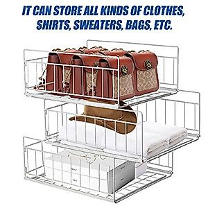 3-Tier Sliding Closet Organizers and Drawer,Storage Shelves for Clothes,Collapsible Stackable Storage Baskets Bins,Clothes Organizer Containers Wardrobe Locker, Metal Drawer Shelf,Cupboard Organizer for Clothes(White)