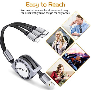 Retractable Charging Cable 3A, 3Pack 4Ft Multi Charging Cable Multi Fast Charger Cable 3 in 1 Multi USB Cable with IP/Type C/Micro USB Port for Cell Phones/Tablets/Samsung Galaxy/LG/Huawei/PS & More