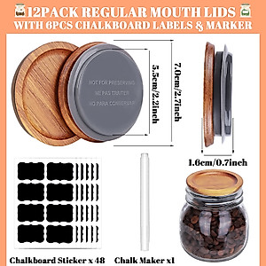 12Pack Regular Mouth Mason Jar Lids with Chalkboard Labels and Chalk Marker, Acacia Wooden Storage Canning Jar Lids Ball Jars Bamboo Wooden Lids with Airtight Silicone Seal