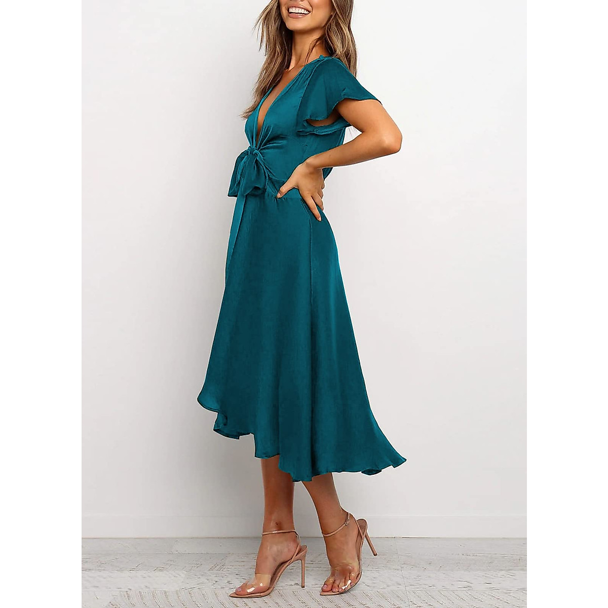 miduo Women's Dresses Summer V Neck Ruffle Short Sleeve Club Self Tie High Waist Hi Low Midi A-Line Skater Satin Dresses Wedding S