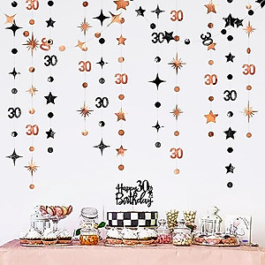 Rose Gold Black 30th Birthday Decorations Number 30 Circle Dot Twinkle Star Garland Metallic Streamer Bunting Banner Backdrop for Mens Womens Happy Dirty 30 Year Old Thirty Anniversary Party Supplies