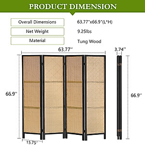 ALeesing 4 Panels Wood Room Divider and Folding Privacy Screens, Hand-Woven Rattan Room Dividers Panel, Room Divider Wall Freestanding, Room Partitions Screen for Home Office Bedroom, Black