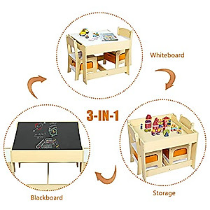 Kinsuite 3 in 1 Kids Table and Chair Set, Wood Activity Table and 2 Chair Set for Toddlers Arts Crafts Drawing Reading Playroom, Tabletop Storage Space Gift for Boys & Girls