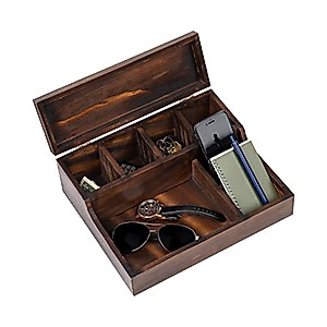 Mind Reader Nightstand Valet Tray, Phone Watch Holder, Bedroom Desk Organizer, Cosmetic Accessory Storage, Jewelry Box with 7 Compartments, Burnt Wood, Brown 12" x 10" x 4.5"