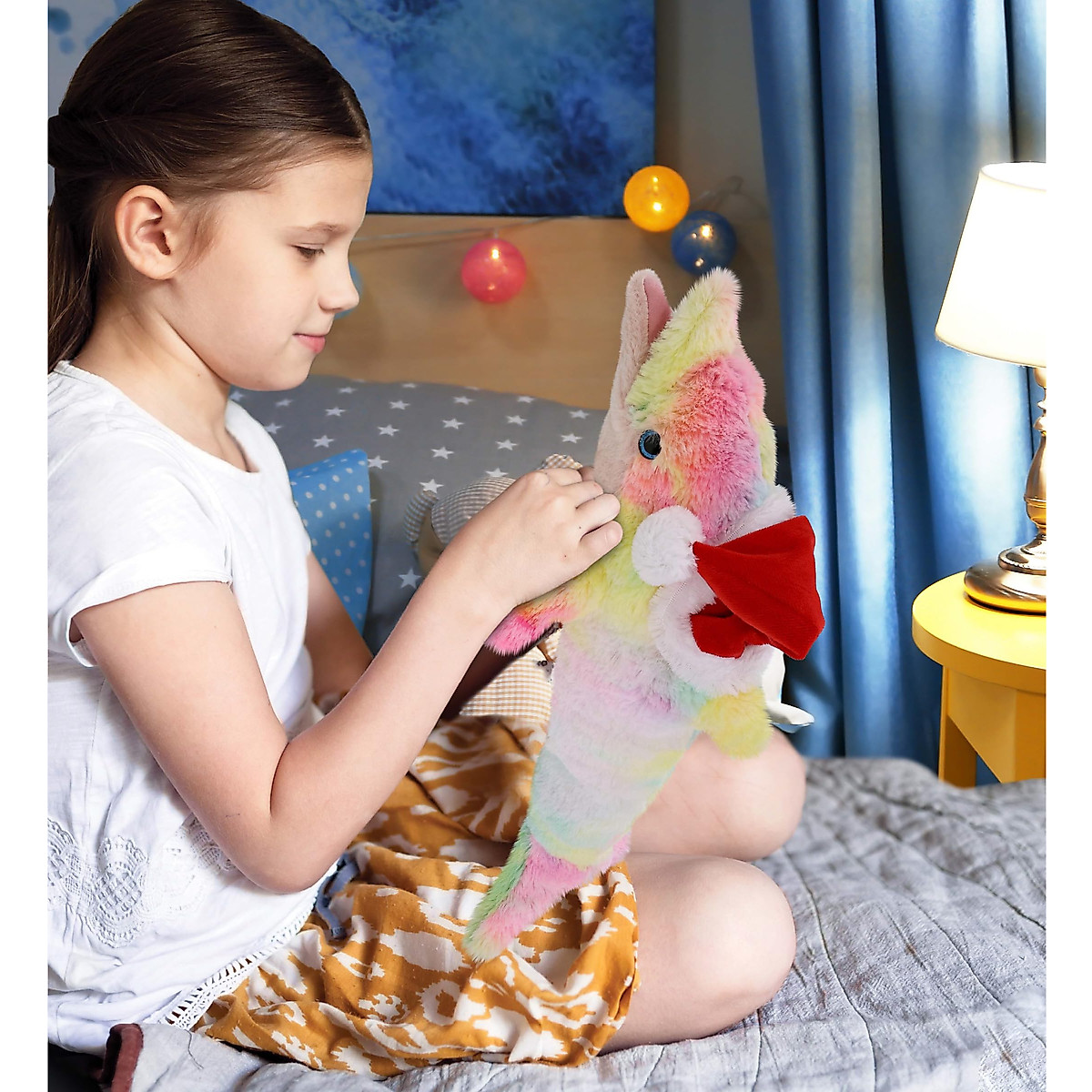 DolliBu Santa Large Rainbow Dolphin Stuffed Animal Plush Toy - Wild Animal Dress Up with Red Santa Claus Hat, Cute Wildlife Gift, Perfect Holiday with Name Personalization - 18 Inches