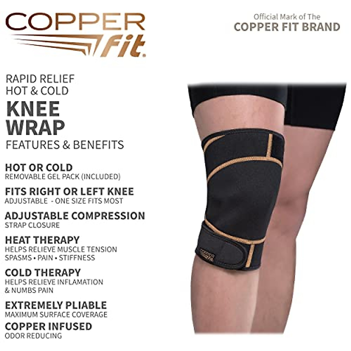 Copper Fit unisex adult Rapid Relief Knee Wrap with Hold/Cold Therapy Abdominal Support, Black, Adjustable