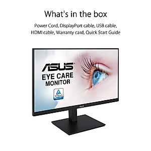 ASUS VA27DQSB 27” Monitor, 1080P Full HD, 75Hz, IPS, Adaptive-Sync, Eye Care, HDMI DisplayPort VGA USB Hub, Frameless, Ergonomic Design, VESA Wall Mountable (Renewed)
