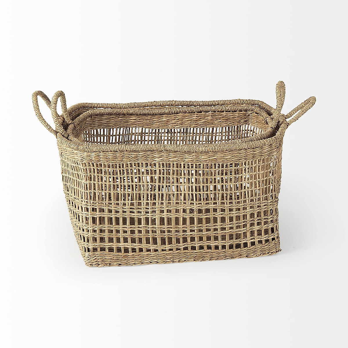 18.5l X 14.6w 11.0h (Set Of 2) Medium Brown Seagrass Rectangular Basket W/Handles Handmade