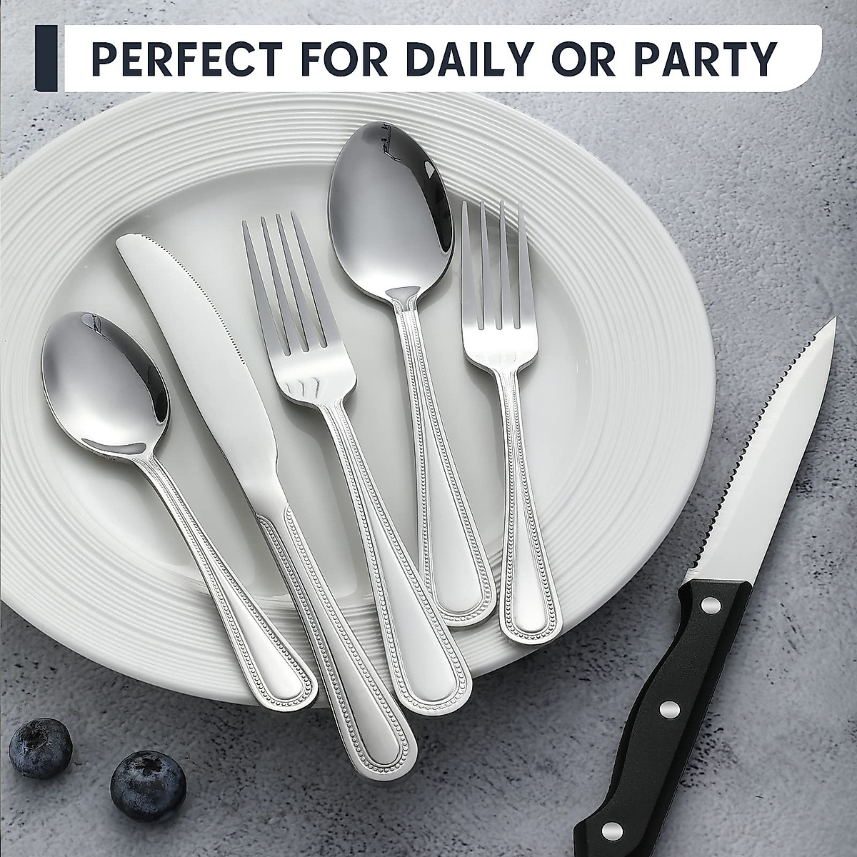 Hiware 48-Piece Silverware Set with Organizer, Stainless Steel Flatware for 8, Cutlery Utensil Sets with Steak Knives, Rust-proof, Mirror Polished, Dishwasher Safe