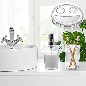 Plastic Clear Bathroom Accessories Set Complete 4 Pcs - Soap Dispenser, 2 Qtip Holder Jars and Toothbrush Holder, Counter Decor