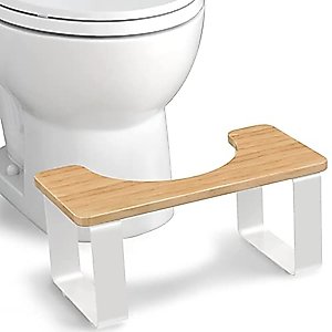 WOWOO HOME 7'' Wooden with Metal Squatting Toilet Stool, Bathroom Poop Stool for Adults, Potty Stool Anti-Slip Brown and White A01