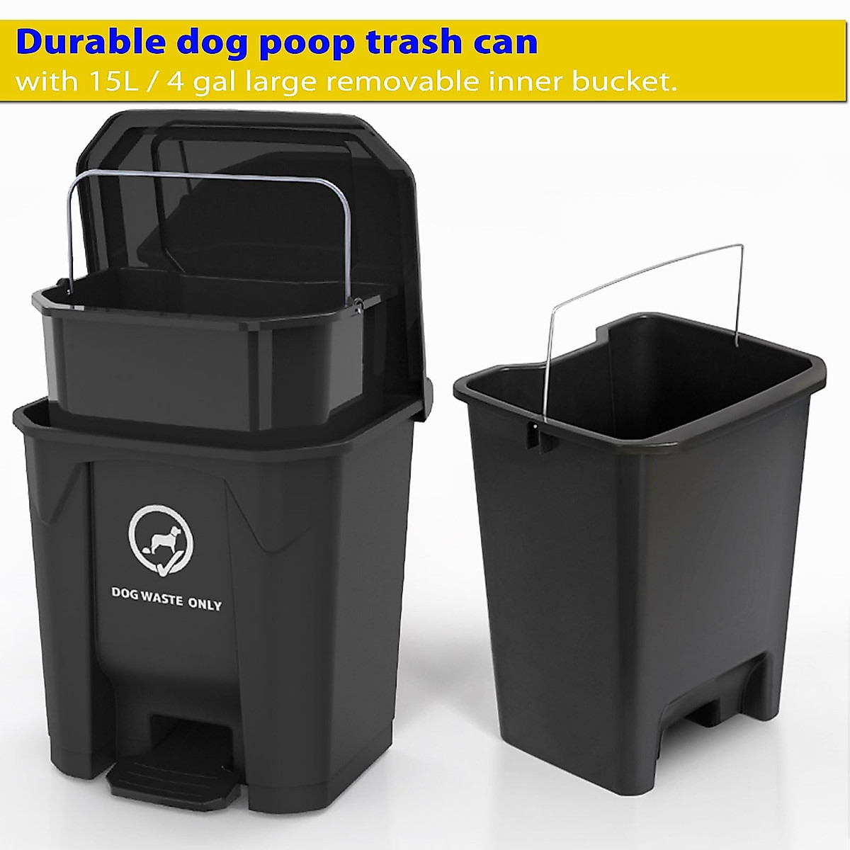 Meegood Dog Poop Trash Can for Outdoors with Dog Pooper Scooper, 20L/5.2 Gal Large Capacity Dog Waste Trash Can with Lid, Pedal and Removable Inner, Pet Waste Disposal Station Odor Control Outside