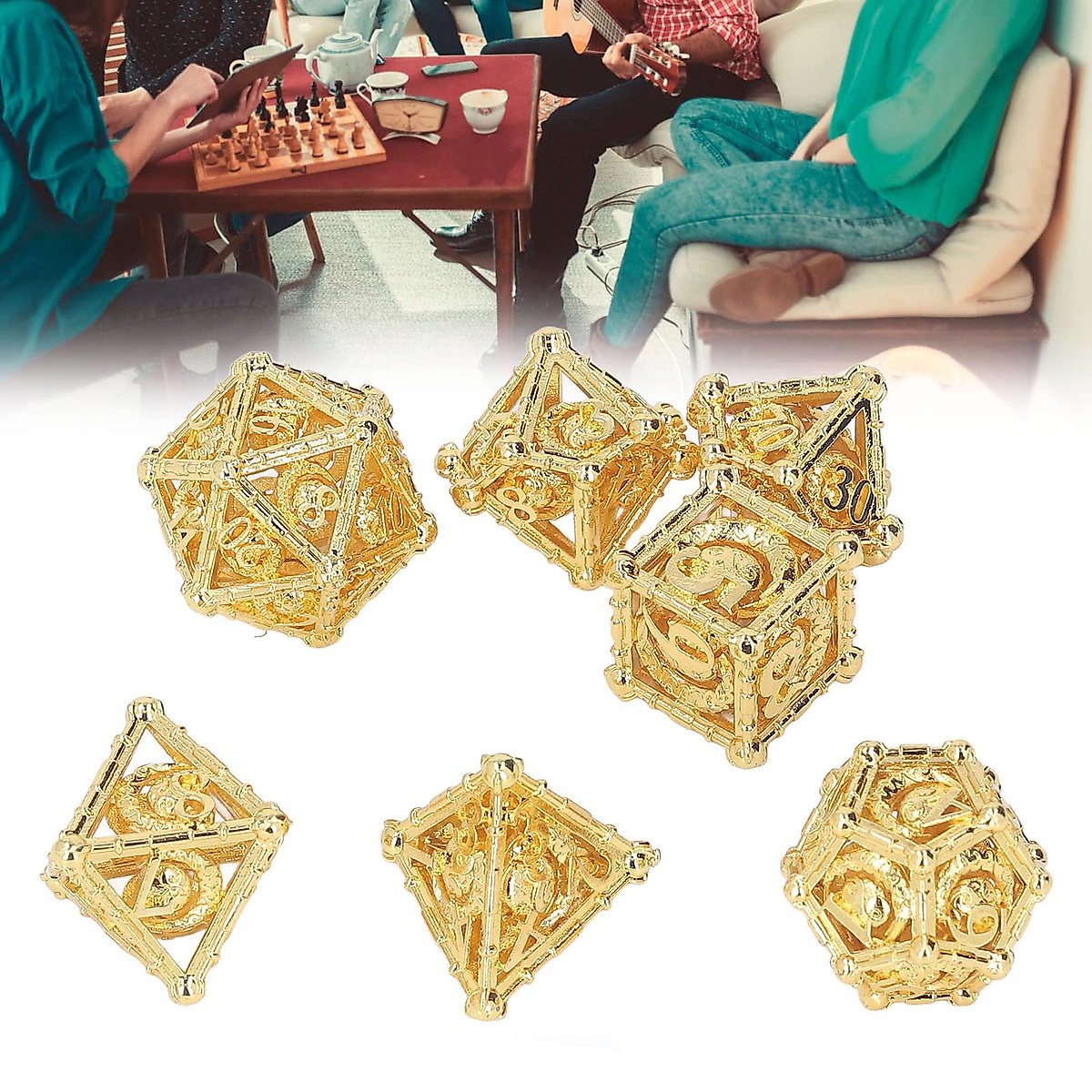 7pcs Dice Set, Hollow Out Exquisite Carved Keep Balance Copper Polyhedral Dice Set for Board Games