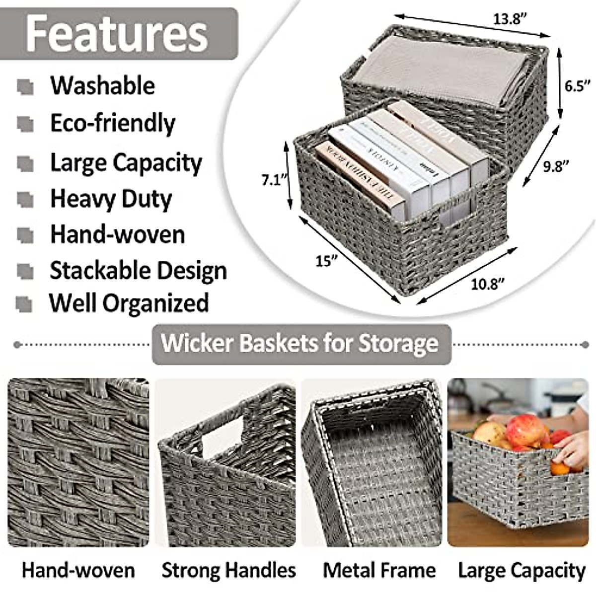 ROSOS Wicker Baskets 2 Pack, Wicker Storage Basket with Handles, Large Wicker Baskets for Storage, Waterproof Wicker Baskets for Organizing, Large Storage Baskets Wicker 15" and Medium 14", Grey