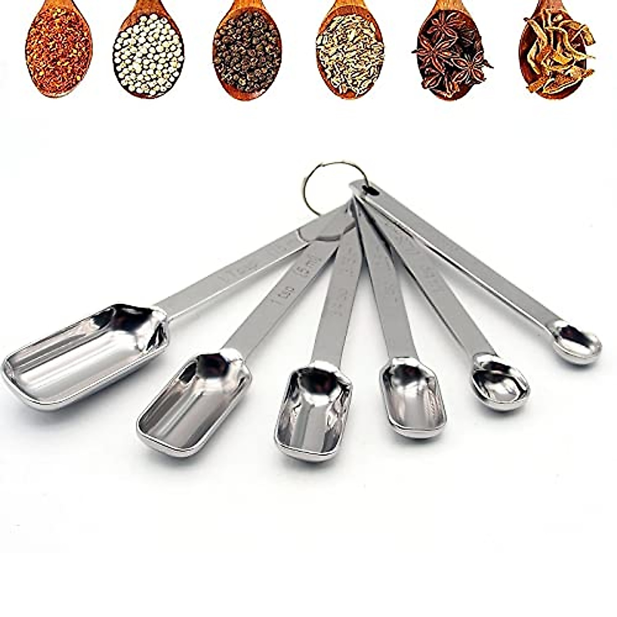 Heavy duty stainless steel metal measuring spoon for dry or liquid, suitable for seasoning pot, perfect for baking and cooking-professional quality, engraved in US and metric sizes (6 pieces)