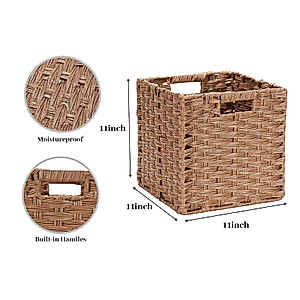 DULLEMELO Wicker Baskets for Shelves 11x11 Foldable Plastic Woven Cube Storage Bins Set of 4 Waterproof Woven Storage Bins with Handles for Pantry,Closet, Cabinet, Toys - Brown