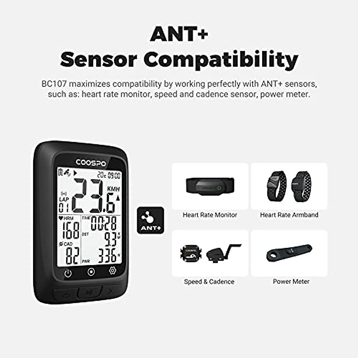 COOSPO GPS Cycling Computer BC107 & Bike Cadence/Speed Sensor BK467, Wireless Bike GPS Speedometer with 2.4 Inch Auto-Backlight Display, Bluetooth/ANT+ Bicycle Computer GPS Sync with Strava
