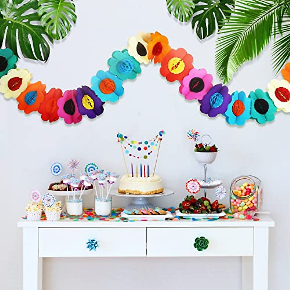 KESOTE Mexican Fiesta Paper Flower Garland Hanging Party Decorations, 3 Pack Rainbow Flower Garland for Luau Summer Cino de Mayo Fiesta Party Decorations