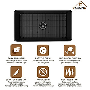 CASAINC 33-inch Kitchen Sink Black, Farmhouse Sink Fireclay Apron -Front Farmhouse Deep Single Bowl, Farmhouse Sink with Stainless Steel Bottom Grid and Kitchen Sink Drain