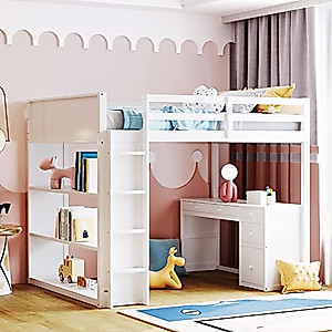 BIADNBZ Full Size Loft Bed with Desk, Drawers and Storage Shelves, Wooden High Loftbed Frame, for Kids Teens Adults Bedroo, White Color