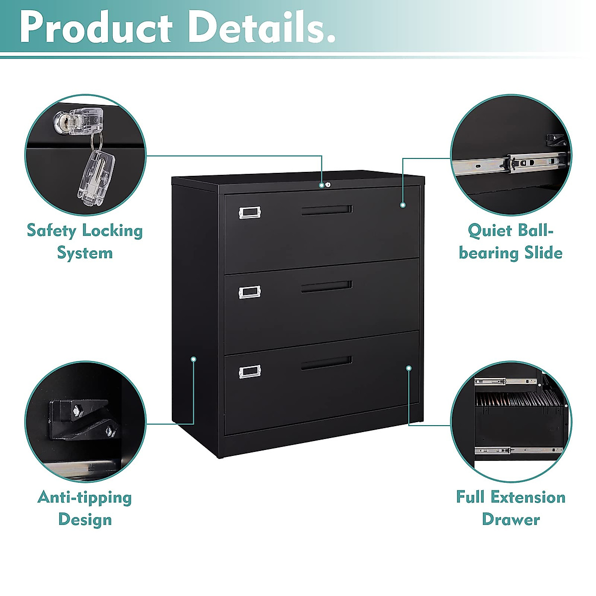 MIIIKO Lateral File Cabinet 3 Drawer, Metal Filing Cabinet with Lock for Home Office, Large Storage File Organizer for Hanging File Folders,Easy Assemble