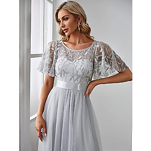 Ever-Pretty Women's Formal Dresses Crew Neck Sequin Ruffle Sleeve Empire Waist Beaded Long Evening Dresses Grey US16