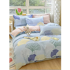 Generic 100% Cotton Duvet Cover Set for King Queen and Twin, Full Size Blue Leaf Print Double Bed Quilt Cover with 2 PCs Pillowcase with Zipper Closure (Full)