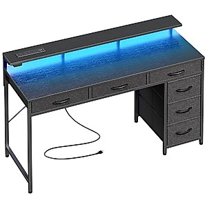 Huuger Gaming Desk with 6 Drawers, Computer Desk with LED Lights Power Outlets and Type-C, 47 Inch Office Desk with Storage, Monitor Stand, Writing Desk Work Desk Home Office, Bedroom, Study, Black