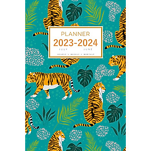 Planner July 2023-2024 June: 6x9 Medium Notebook Organizer with Hourly Time Slots | Tiger Tropical Leaf Design Teal