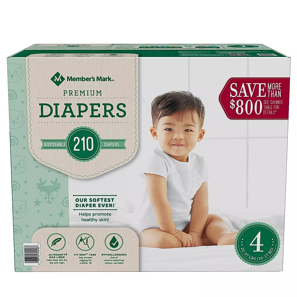 Member's Mark Premium Baby Diapers, Size 4 (22-37 Pounds), 210 Count