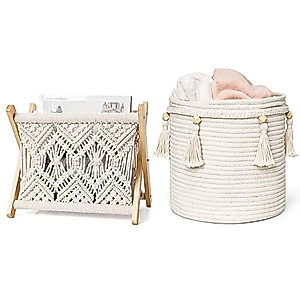 Mkono Macrame Magazine Rack and Macrame Laundry Basket Nursery Storage Bin Organizer Boho Decor for Bedroom Livingroom Dorm