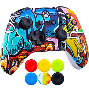 9CDeer 1 Piece of SiliconeTransfer Print Protective Cover Skin + 6 Thumb Grips for Xbox One/S/X Controller Cartoon Paints
