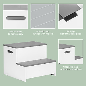 UTEX Toddler Step Stool,Wooden Kids Step Stool for Bathroom Sink, Extra Wide 9.45 inchs Two Step Stool for Kids with Non-Slip Mats and Handles, Kids Potty Training Stool for Kitchen Nursery Bedroom