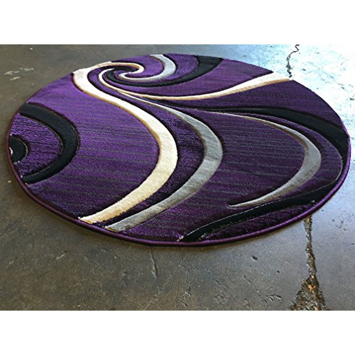 Contempo Modern Round Area Rug Swirl Purple Grey & Black Design 344 (7 feet 3 inches X7 feet 3 inches Round)