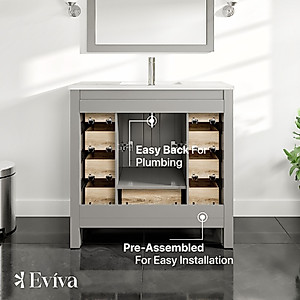 Eviva Bathroom Vanity Cabinet 36in White - Solid Wood w/9 Drawers, Porcelain Sink & Marble Countertop - Gray