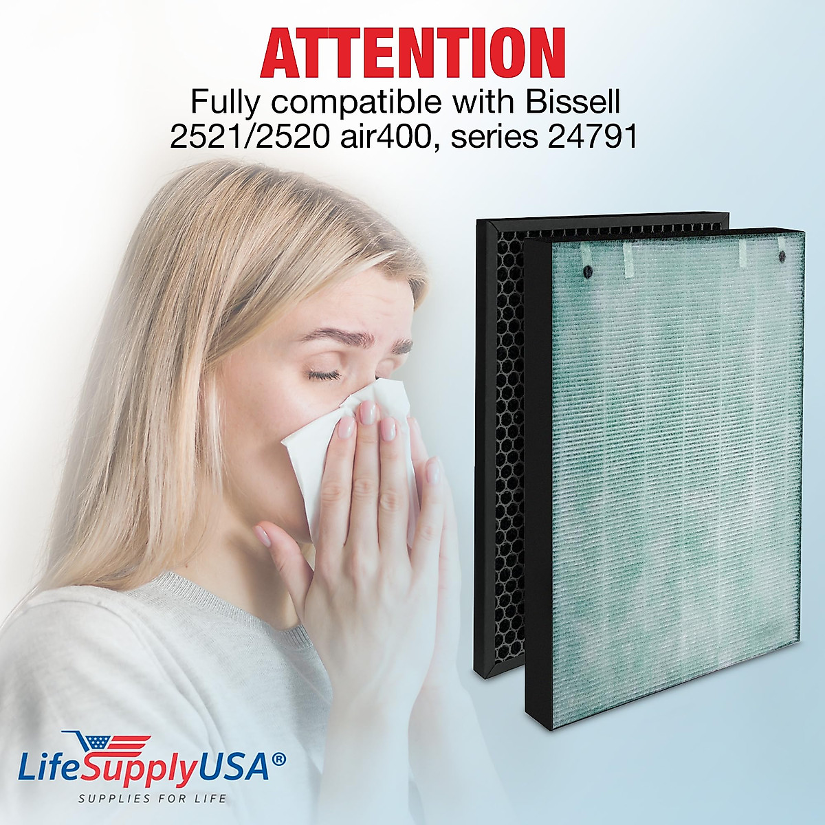 LifeSupplyUSA 3-in-1 True HEPA Air Cleaner Replacement Filter + Pre-Filter + Carbon Filter Compatible with Bissell 2521/2520 air400, series 24791 Air Purifiers