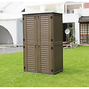 KINYING Outdoor Storage Shed Waterproof, Resin Vertical Outdoor Storage Cabinet for Patio Furniture, Garden Tools, Pool Accessories, Mower Storage (66 Cu.ft, Dark Brown)