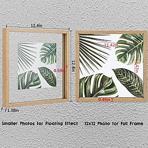 MUYE 12x12 Floating Frame Set of 2,Double Glass Rustic Square Photo Frame,Display Any Size Photo up to 12x12,Wall Mount or Tabletop Standing Natural
