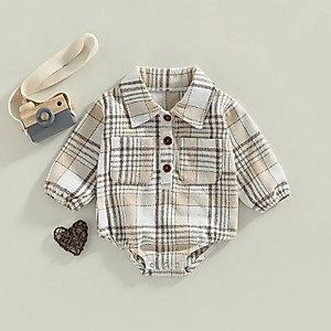 CIYCUIT Baby Boy Girl Flannel Plaid Shirt Long Sleeve Button Romper Bodysuit Fall Clothes Beige 3-6 Months