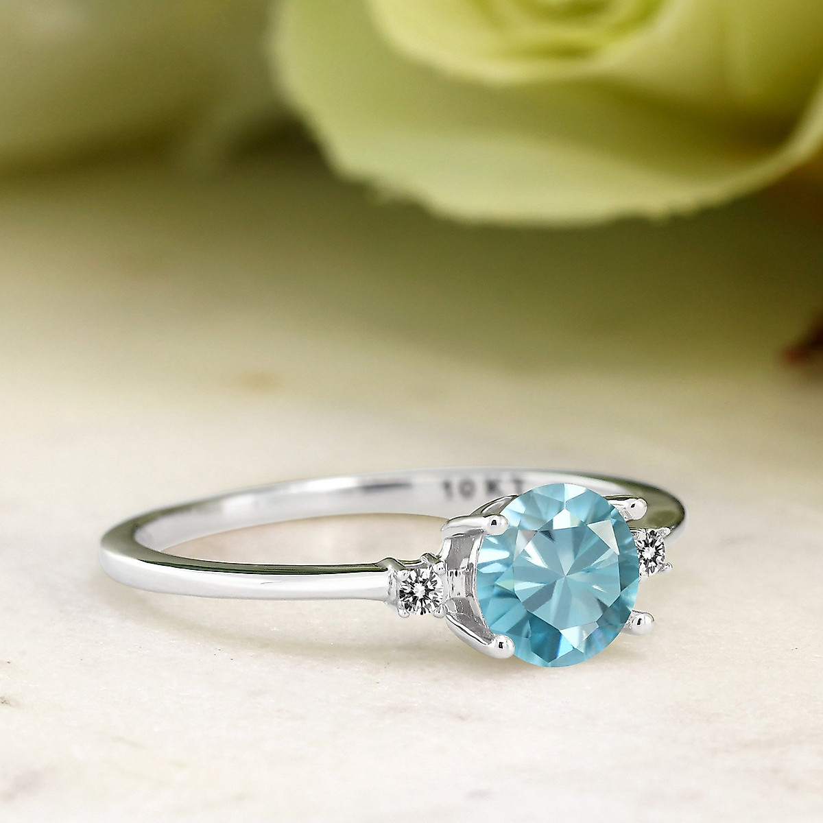 Gem Stone King 10K White Gold Blue Zircon and White Diamond Solitaire Engagement Ring For Women (1.23 Cttw, Round 6MM, Gemstone Birthstone, Size 6)
