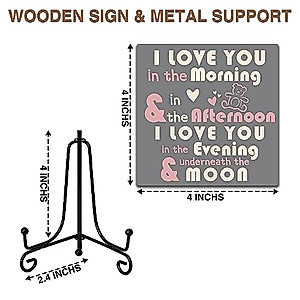 Nursery Wooden Sign With Metal Easel Stand, I Love You In The Morning Wood Plaque Bear Themed, Gray and Pink Nursery Decorations Gifts for Home Bedroom Girls Room Tabletop-B17