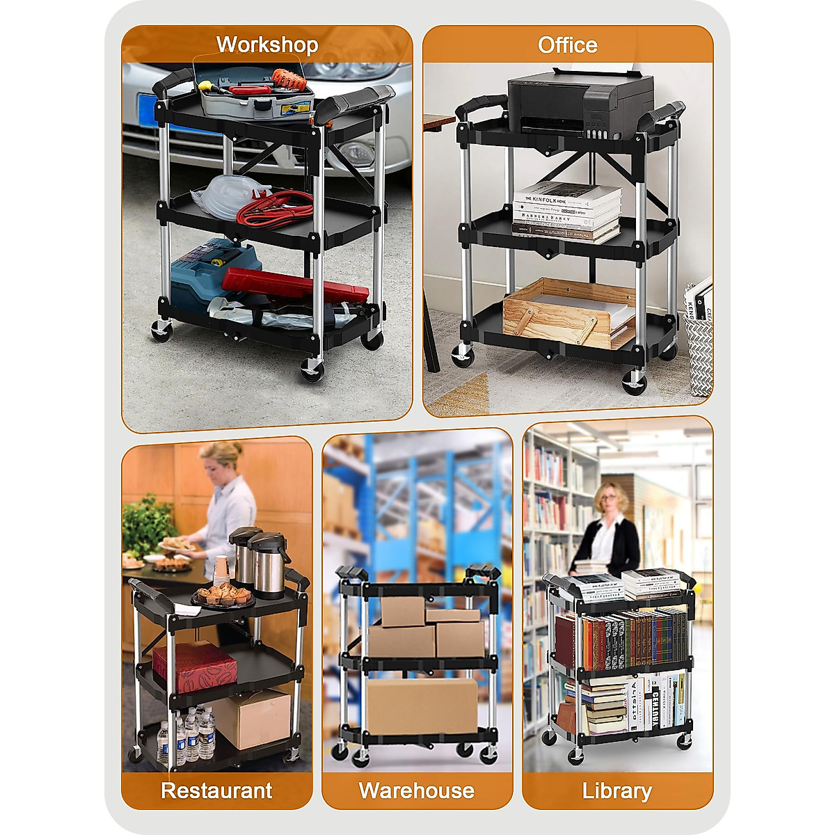 HIMIX Foldable Utility Carts with Wheels, 3-Tier Holds 240lbs Folding Rolling Cart with Fixed Rope, Collapsible Service Cart for Home, Office, Garage, and Warehouse - No Assembly Required