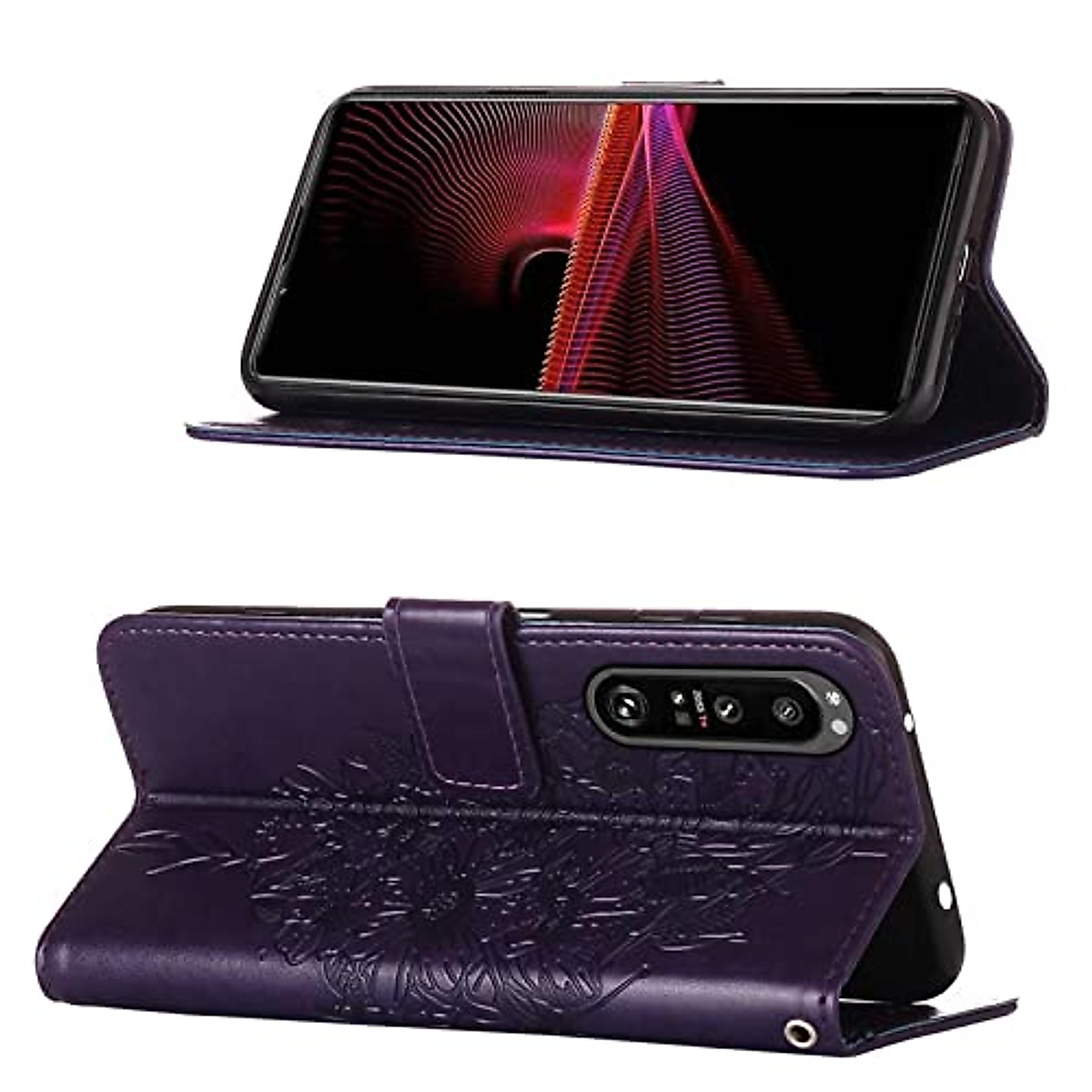 Butterfly Leather Case for Sony Xperia 1 III with Credit Card Holder Slots Kickstand Flip Folio Leather Magnetic Wallet Case with Wirst Strap Case for Sony Xperia 1 III