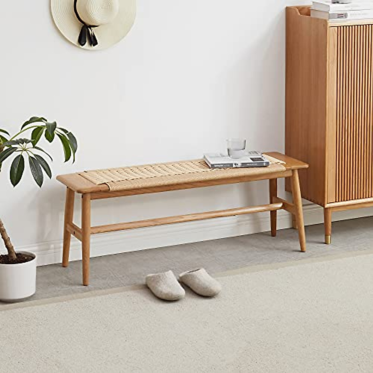 Tennozu Woven Bench, 32" L FAS Grade 100% Solid Oak Wood Dining Room Bench w/Rustic, Hand Woven Design, Firm Mortise & Tenon Structure, Long Bench for Dining Room/Entryway/Bedroom, White (Beige)
